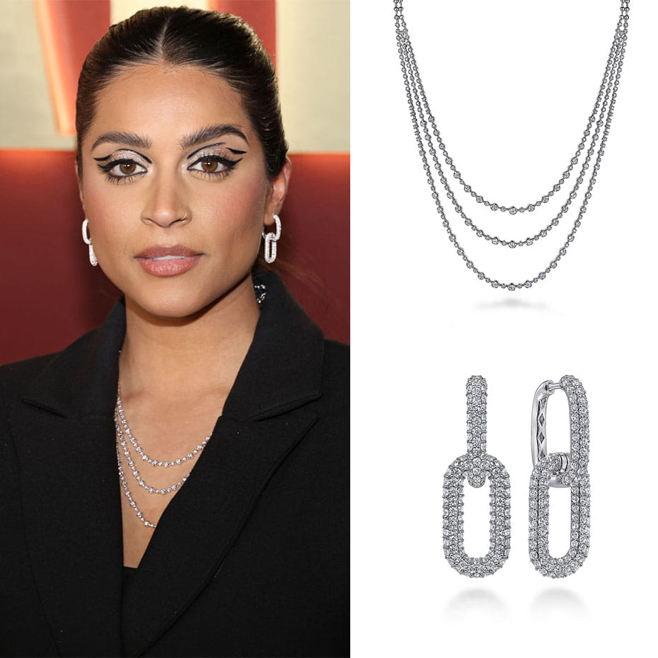 TV Host, Lilly Singh, wearing Gabriel & Co. earrings and necklace to A ...