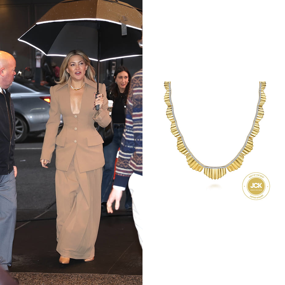 Actress, Kate Hudson, wearing a Gabriel & Co. necklace out in NYC.